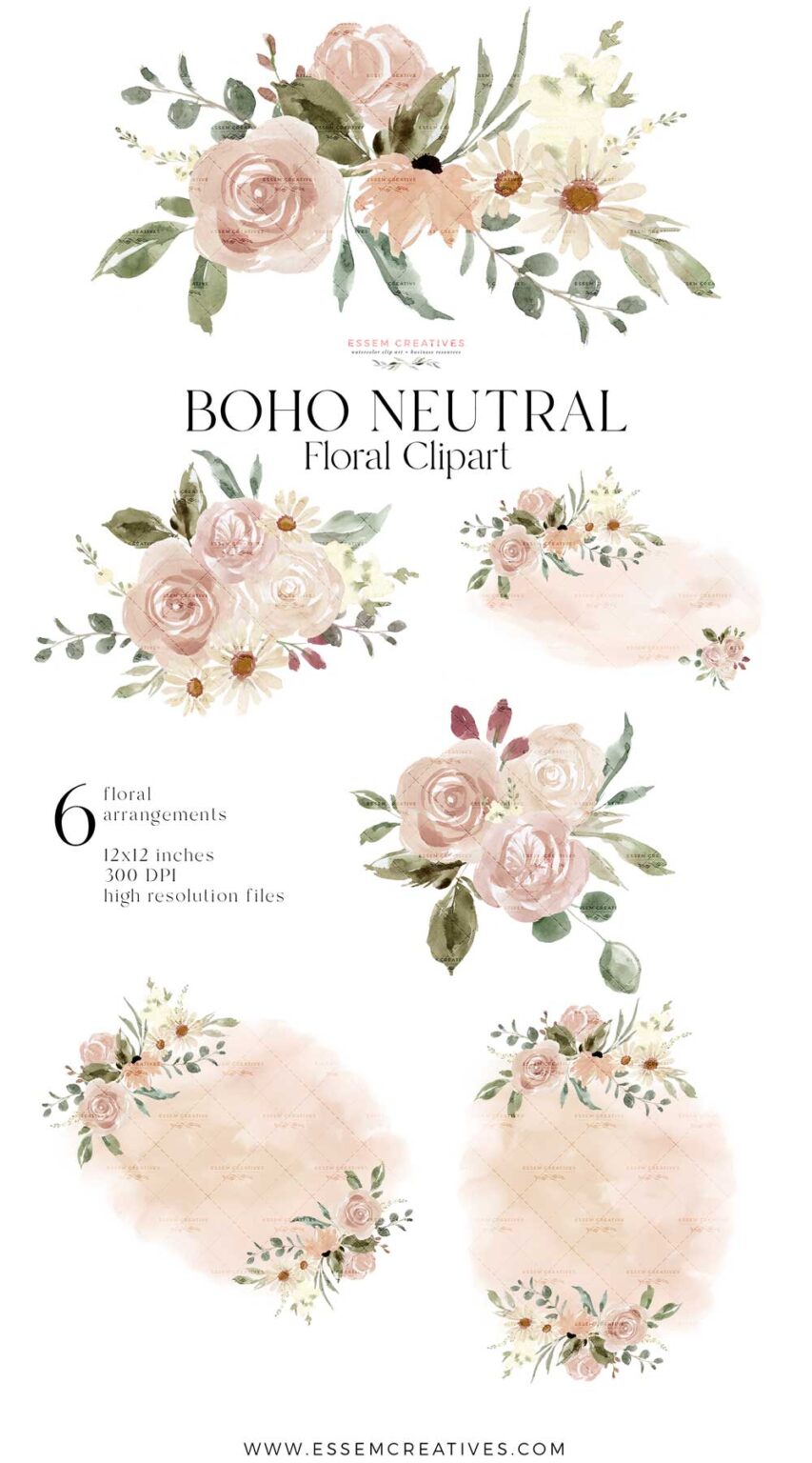 Boho Neutral Watercolor Floral Clipart Peach and Sage Green Flowers for ...