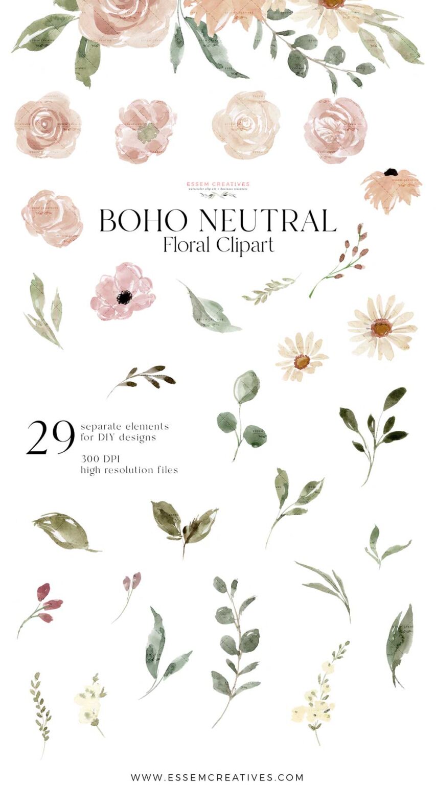 Boho Neutral Watercolor Floral Clipart Peach and Sage Green Flowers for ...