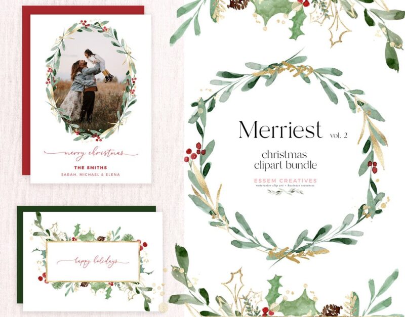 Watercolor Christmas Wreath Clipart, Floral Frames Backgrounds Card ...