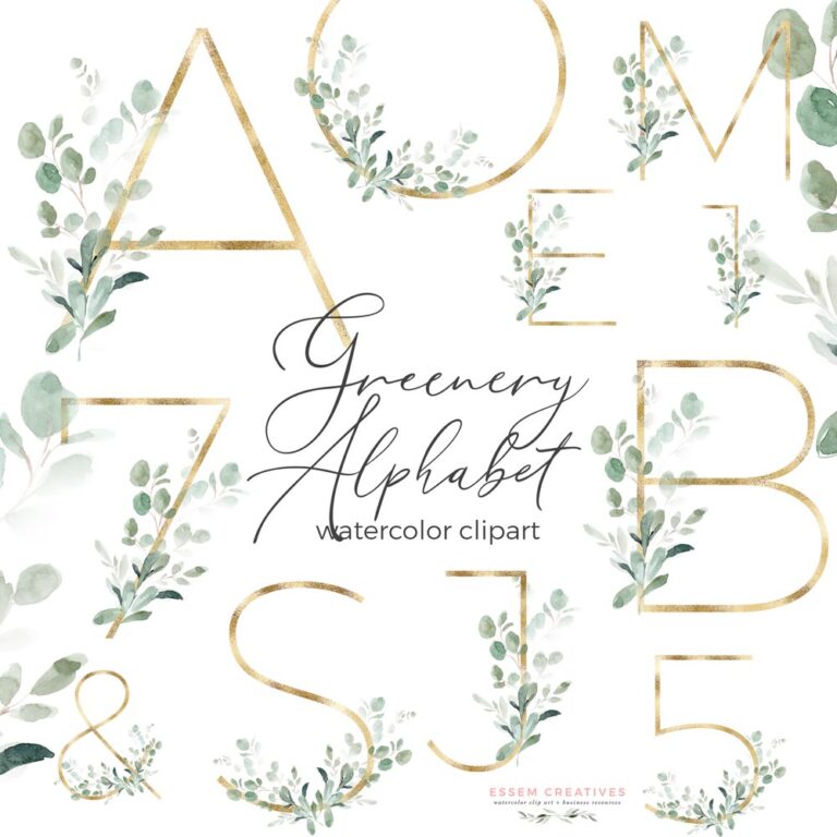Greenery and Gold Eucalyptus Watercolor Floral Alphabet Clipart ...