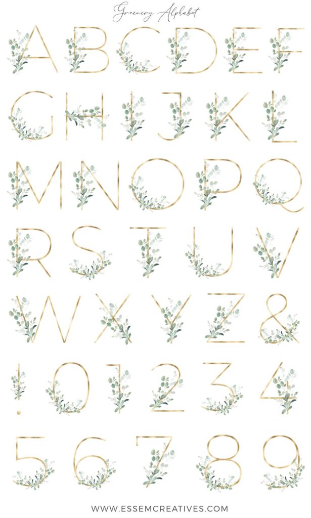 Greenery and Gold Eucalyptus Watercolor Floral Alphabet Clipart ...