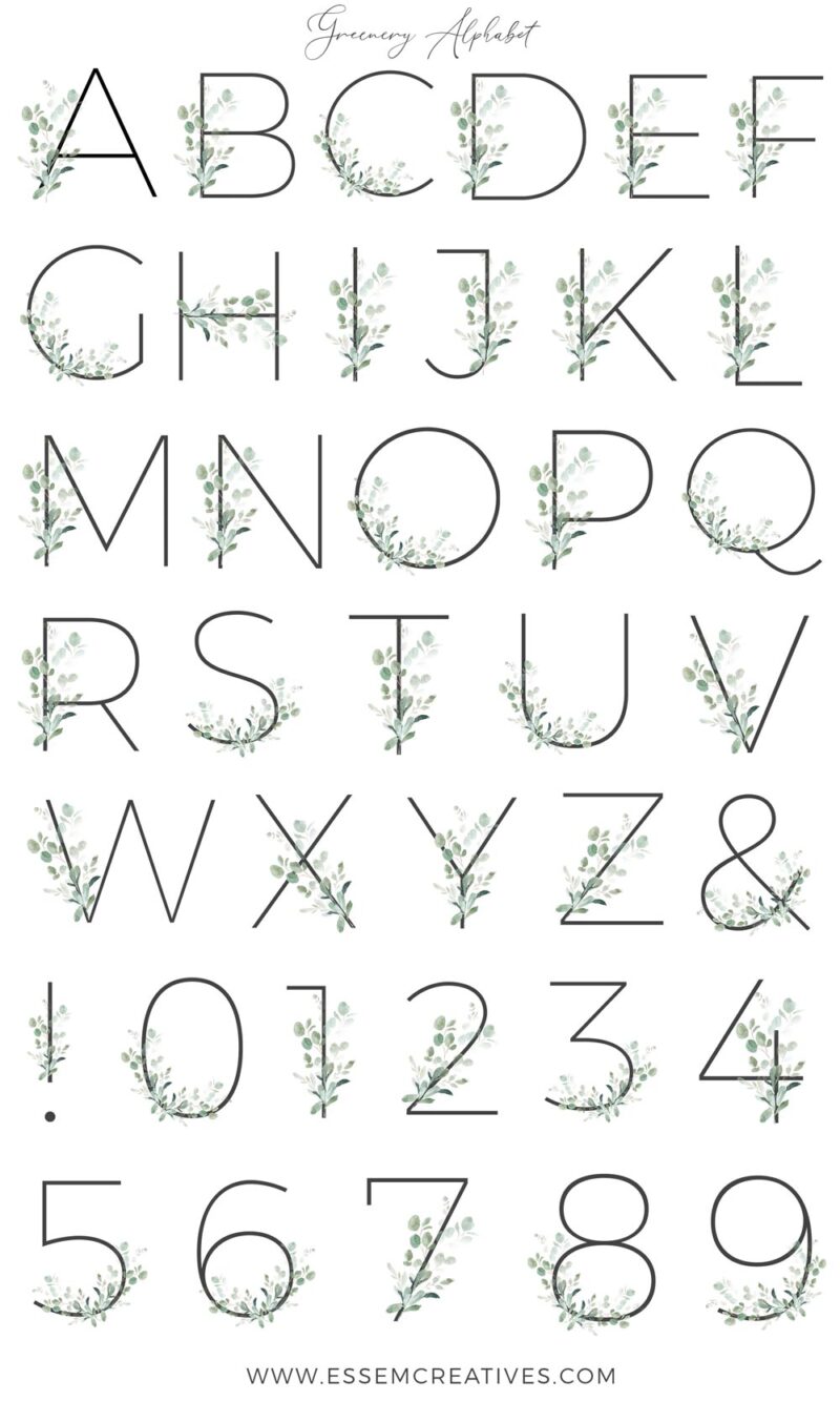 Greenery and Black Eucalyptus Watercolor Floral Alphabet Clipart ...