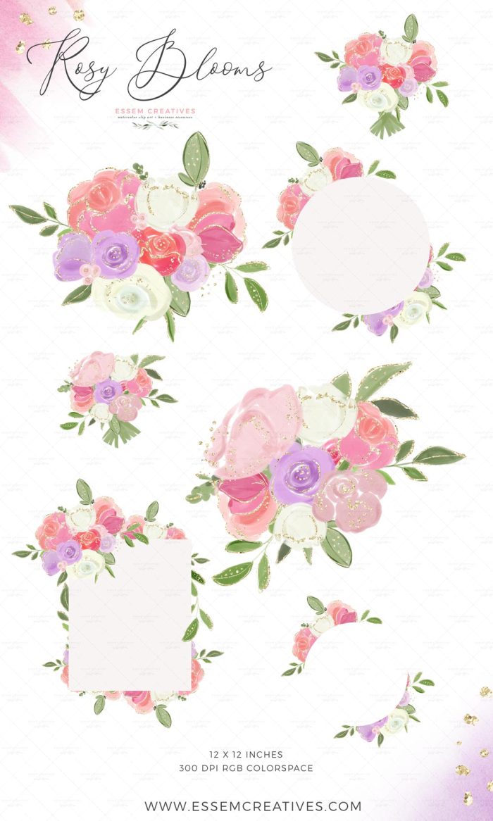 Rosy Blooms Pink & Purple Floral Watercolor Clipart: Fuschia Magenta ...