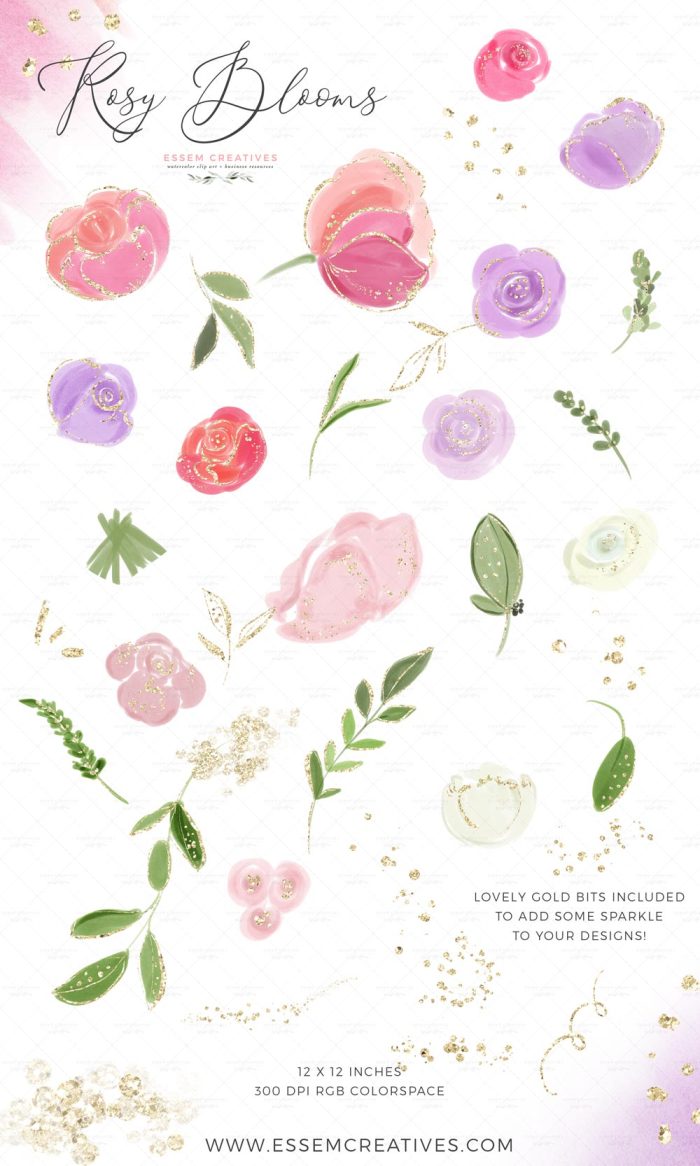 Rosy Blooms Pink & Purple Floral Watercolor Clipart: Fuschia Magenta ...