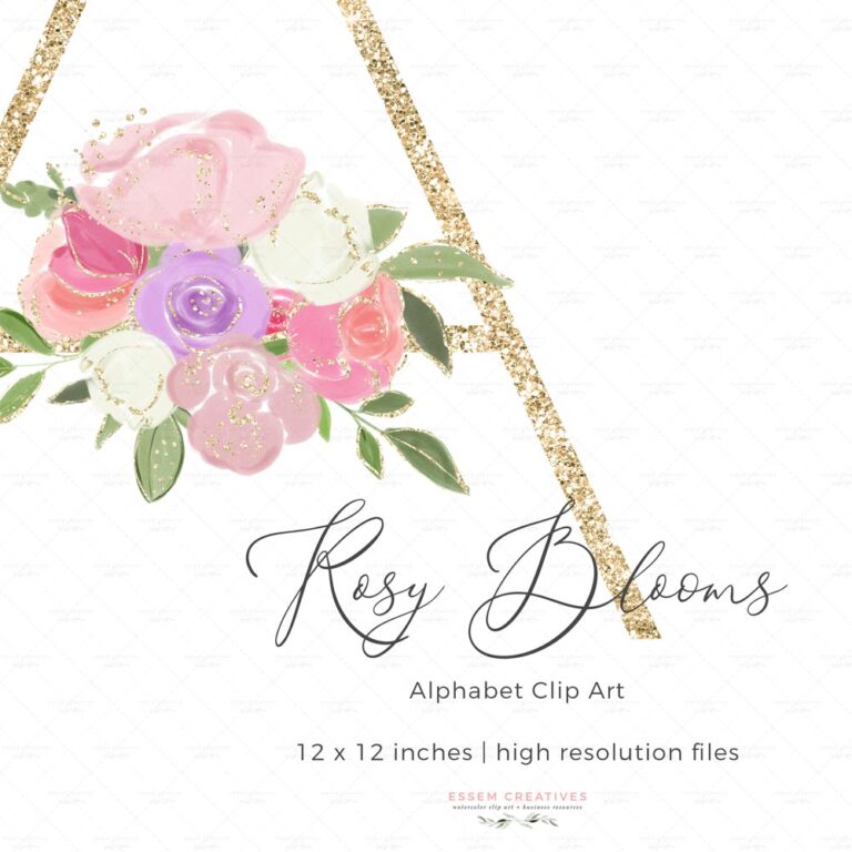 Rosy Blooms Pink Purple Gold Floral Alphabet Clipart, Fuschia Magenta ...