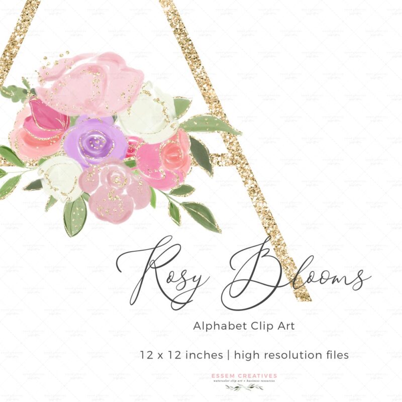 Rosy Blooms Pink Purple Gold Floral Alphabet Clipart, Fuschia Magenta ...