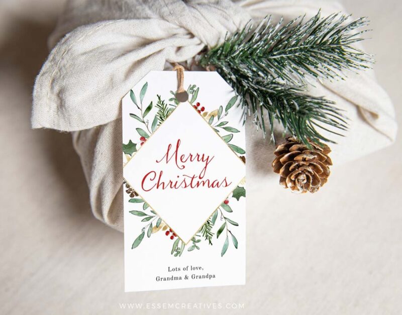Christmas Frame Gift Tag, Watercolor Foliage Tag, Holiday Gift Label ...