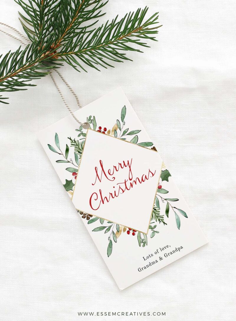 Christmas Frame Gift Tag, Watercolor Foliage Tag, Holiday Gift Label ...