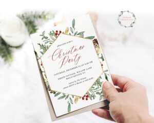 Greenery Christmas Party Invitation Template, Winter Greens Foliage ...