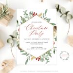 Greenery Christmas Party Invitation Template, Winter Greens Foliage ...