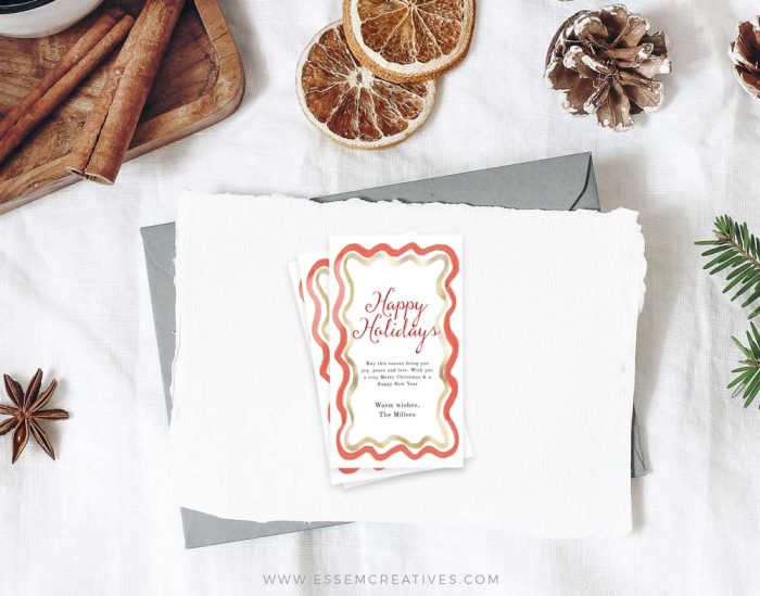 Red and Gold Wavy Lines Gift Tag, Watercolor Christmas Tag, Holiday ...