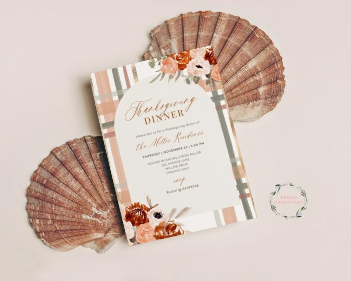 Boho Plaid Invitation Card Template, Fall Floral Thanksgiving Dinner ...