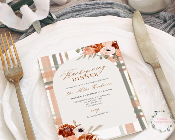 Boho Plaid Invitation Card Template, Fall Floral Thanksgiving Dinner ...