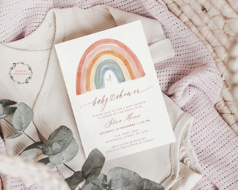 Boho Rainbow Baby Shower Invitation Set, Greenery Boho Rainbow Baby ...