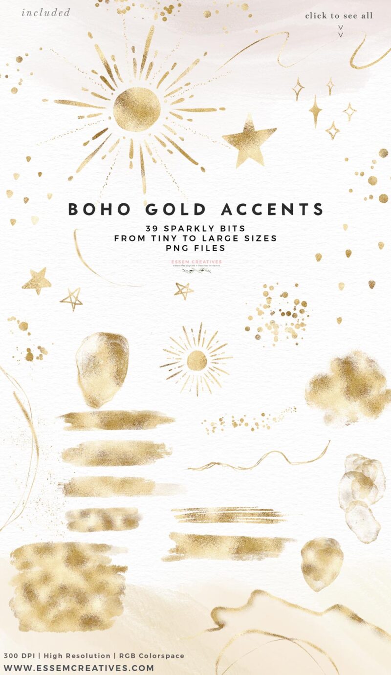Boho Gold Sun Stars Sparkle Clipart Overlay, Brush Stroke Sublimation ...