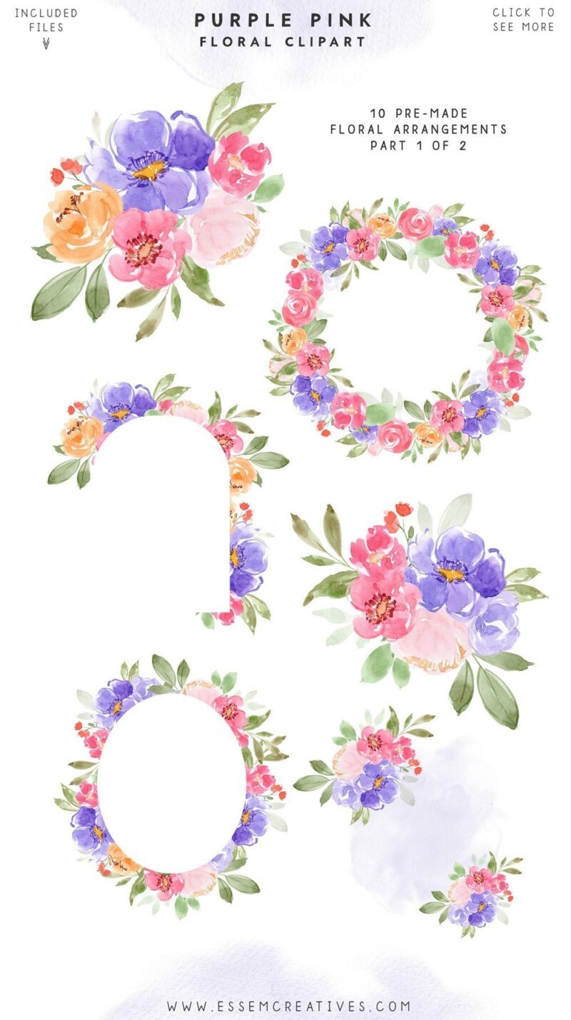 Purple Pink Orange Watercolor Flower Clipart, Floral Sublimation PNG ...