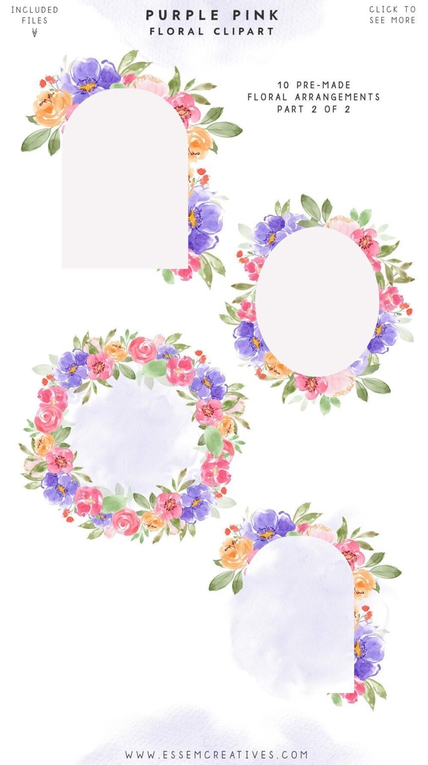 Purple Pink Orange Watercolor Flower Clipart, Floral Sublimation PNG ...