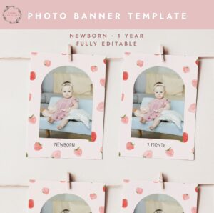 Strawberry Birthday Photo Banner Template, Editable Printable Berry 1st ...