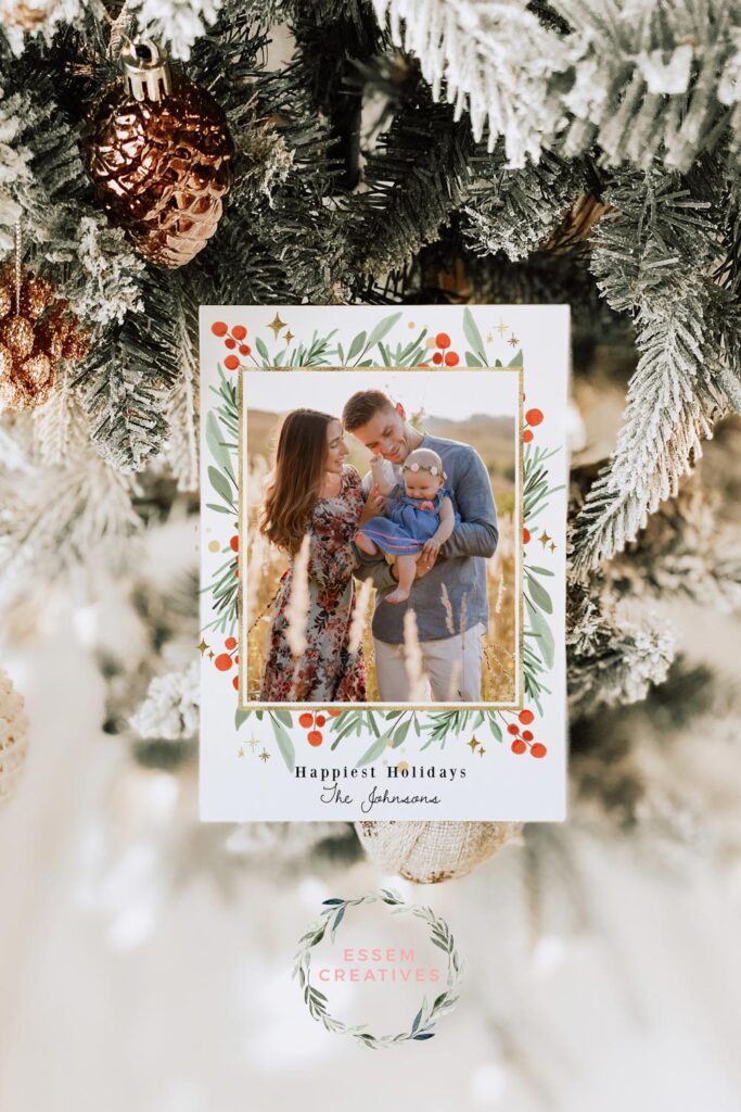 Classic Greenery Gold Photo Card Template, Vertical Holiday Card ...